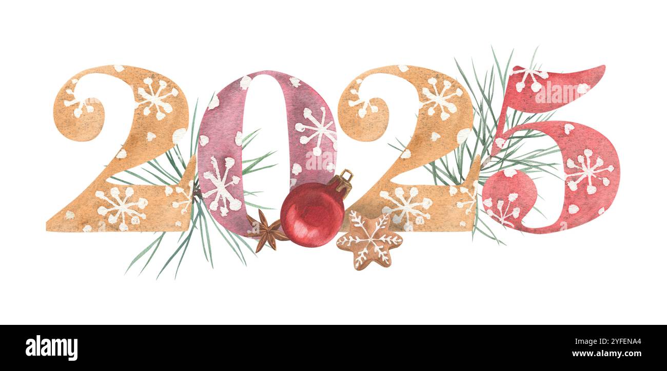 New Year's composition 2024 with watercolor numbers and festive decor ...