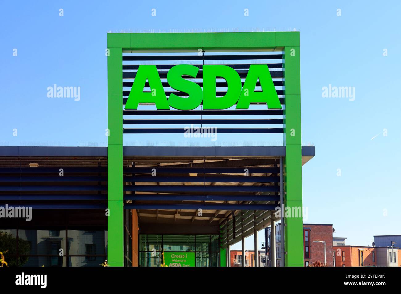Asda supermarket signage against blue sky, Barry, South Wales, UK ...