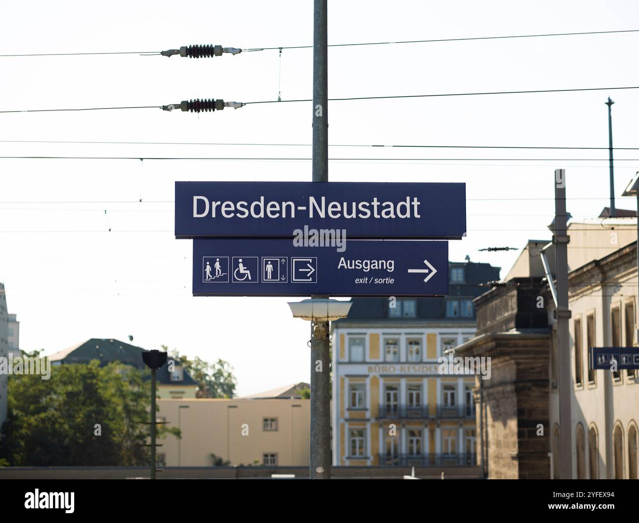 Dresden-Neustadt (New Town) sign of the train station in Dresden ...