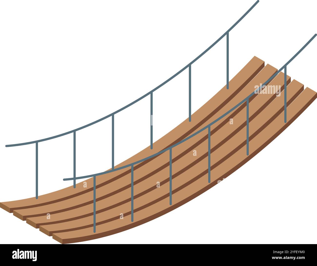 Wooden suspension bridge with metal handrails crossing a gap, shown in ...