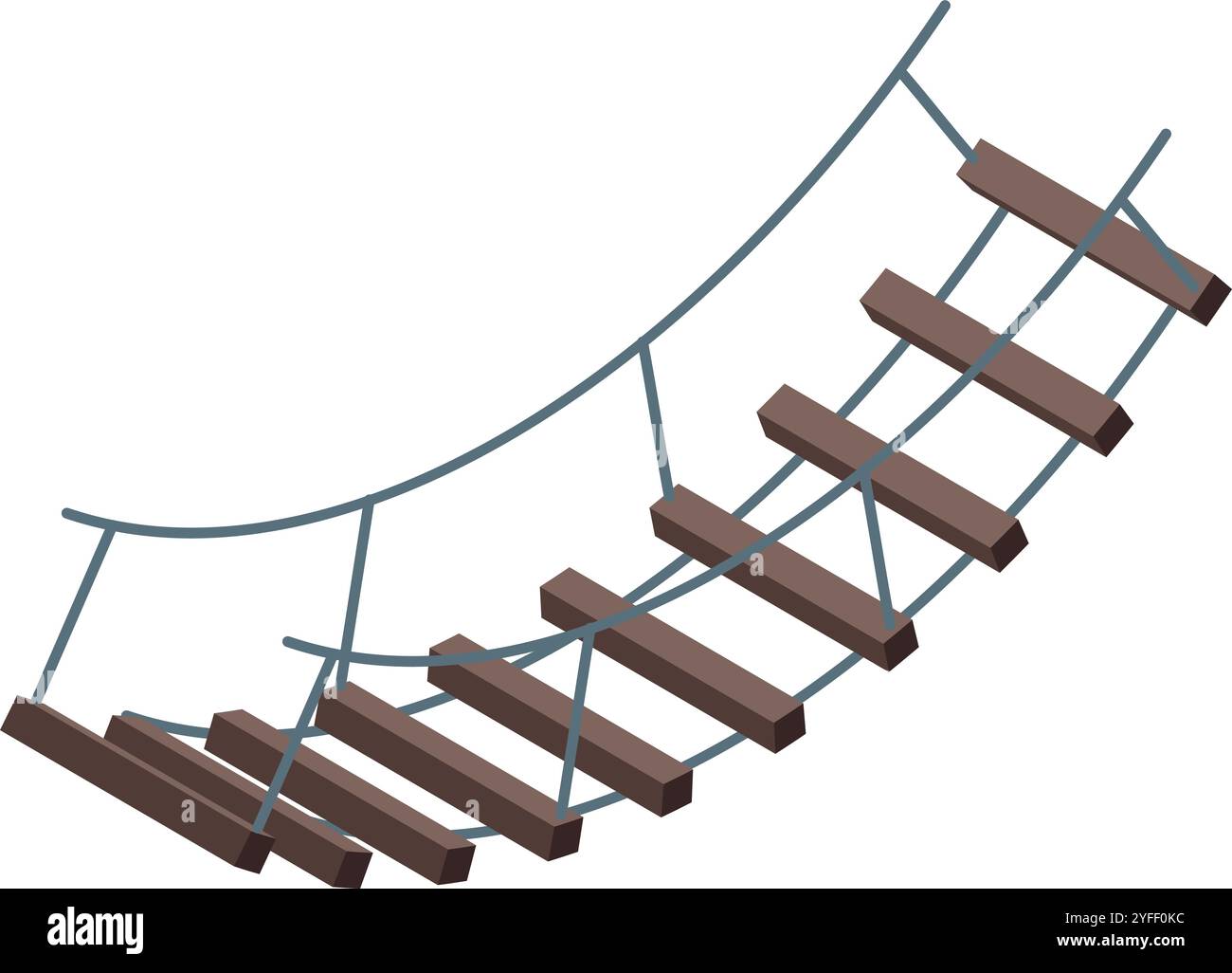 Wooden planks form the steps of a rope bridge, creating a pathway ...