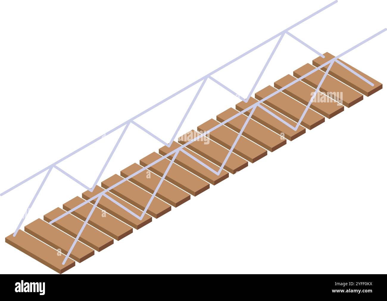 Simple wooden rope bridge with metal handrails connecting two sides ...