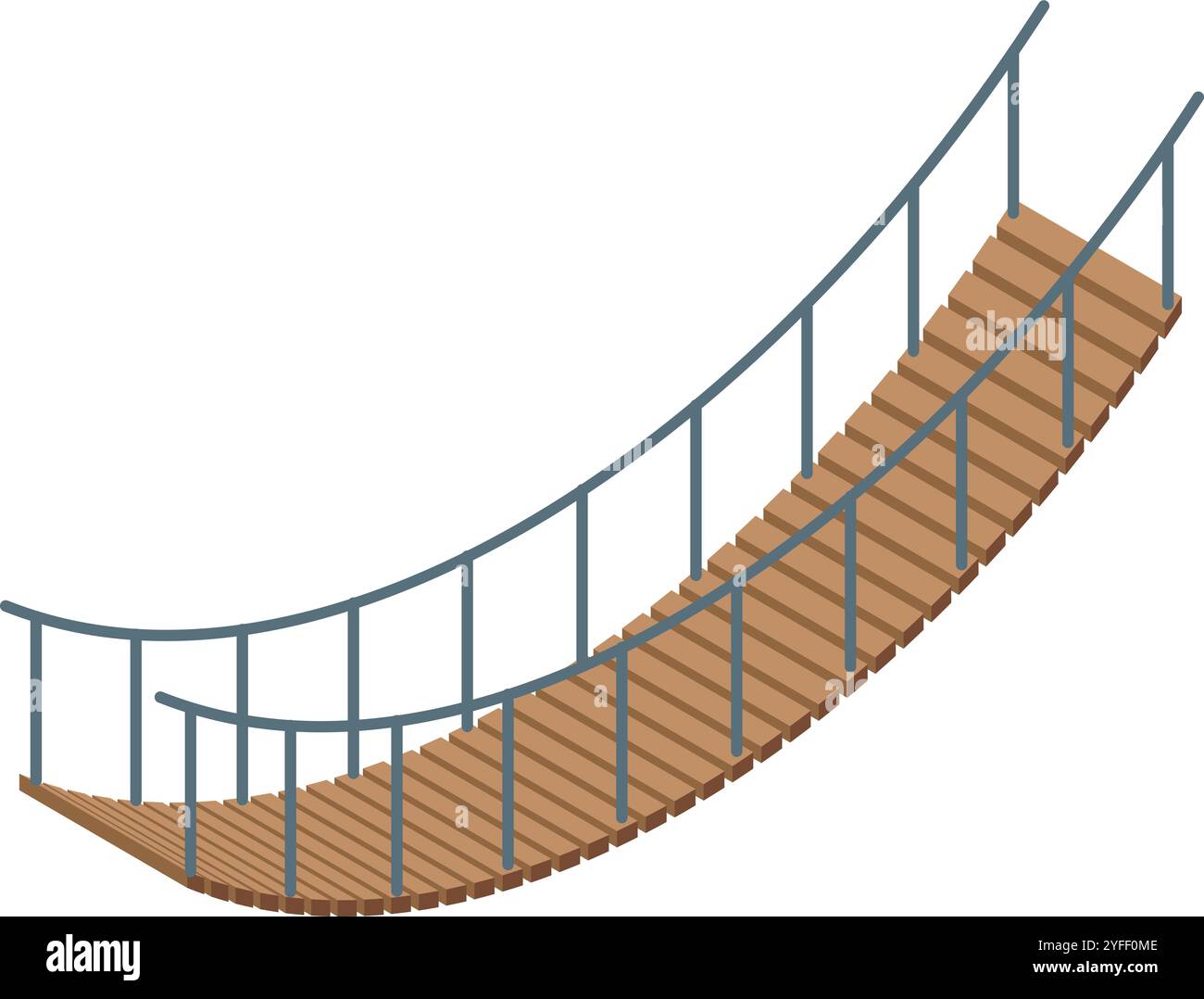 Curved rope bridge made of wooden planks and metal railing, connecting ...