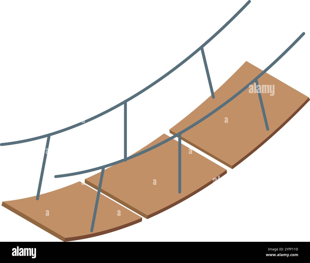 Simple rope bridge structure connecting two sides with wooden planks ...