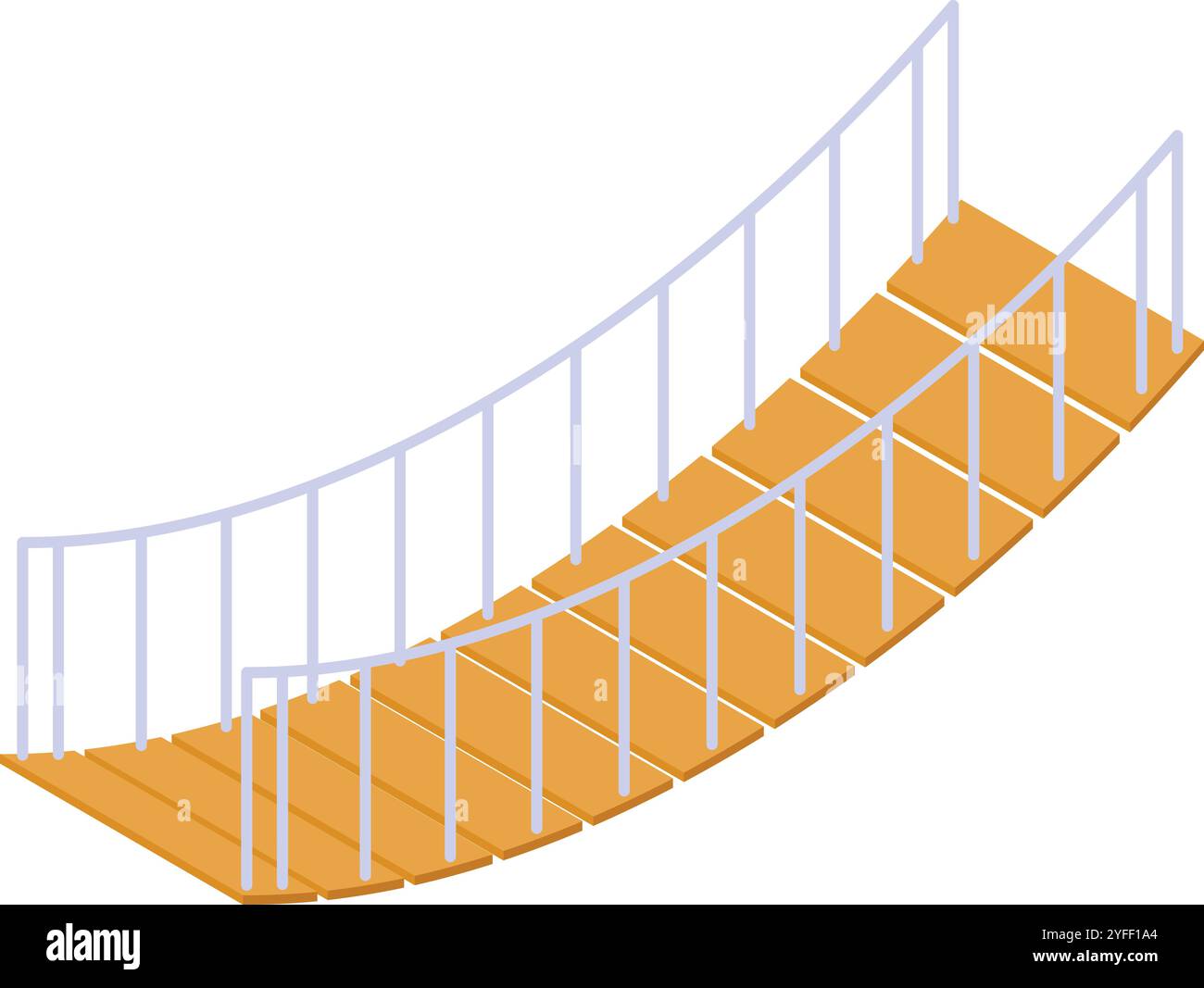 Simple isometric wooden suspension bridge with metal handrails crossing ...