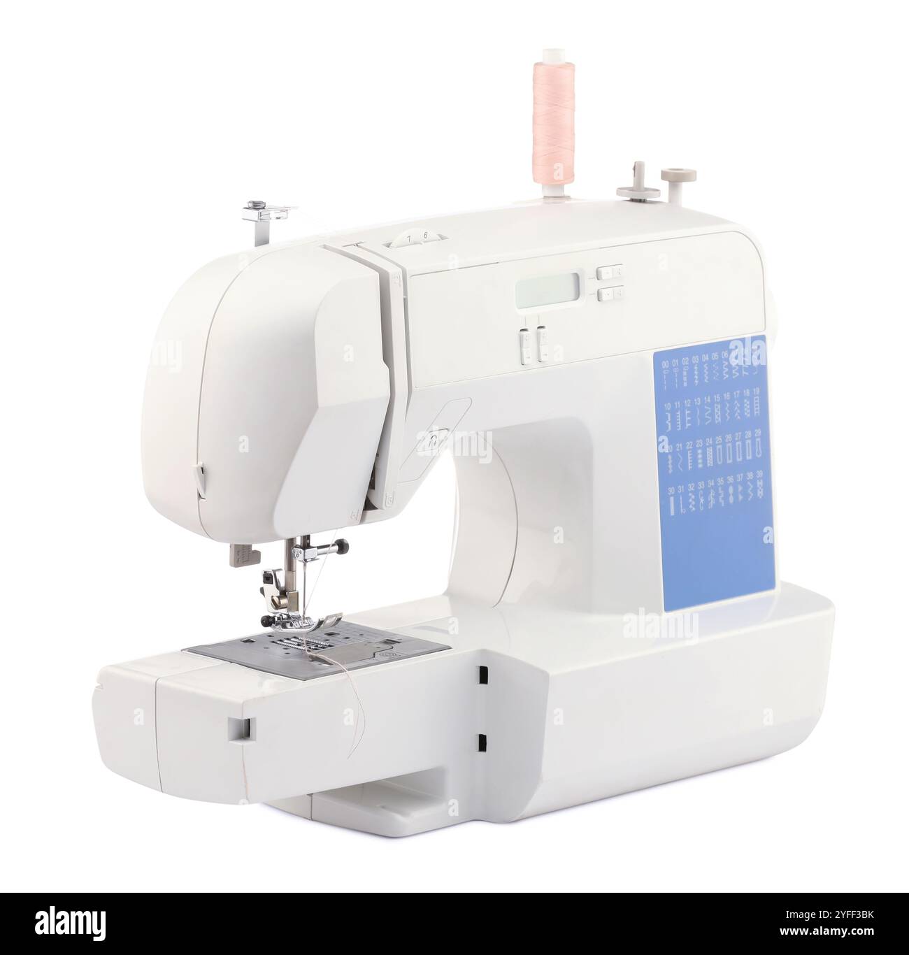 One modern sewing machine isolated on white Stock Photo - Alamy