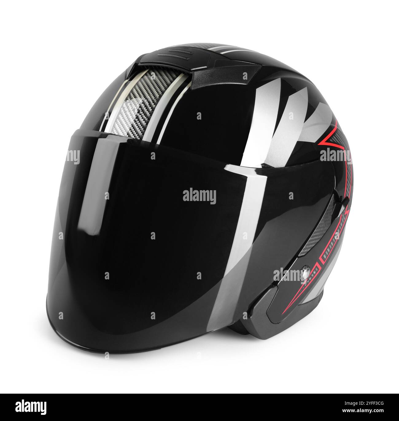 Modern motorcycle helmet with visor on light background, space for text ...