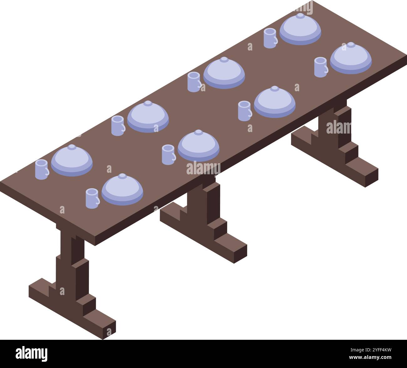 Long wooden dining table set for a dinner party, featuring covered ...