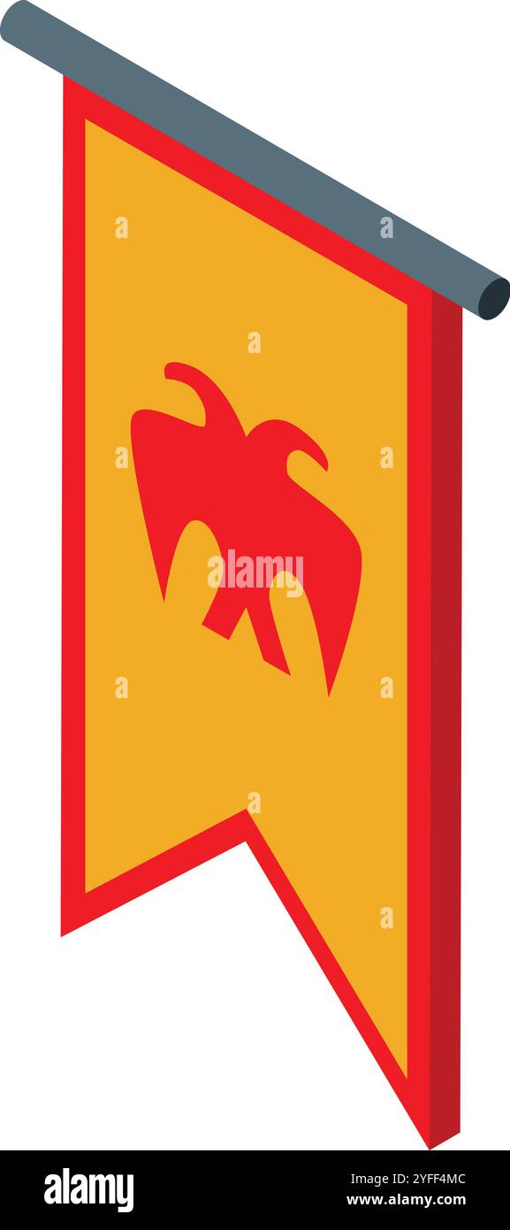Yellow medieval flag with red borders hanging and showing flying eagle ...