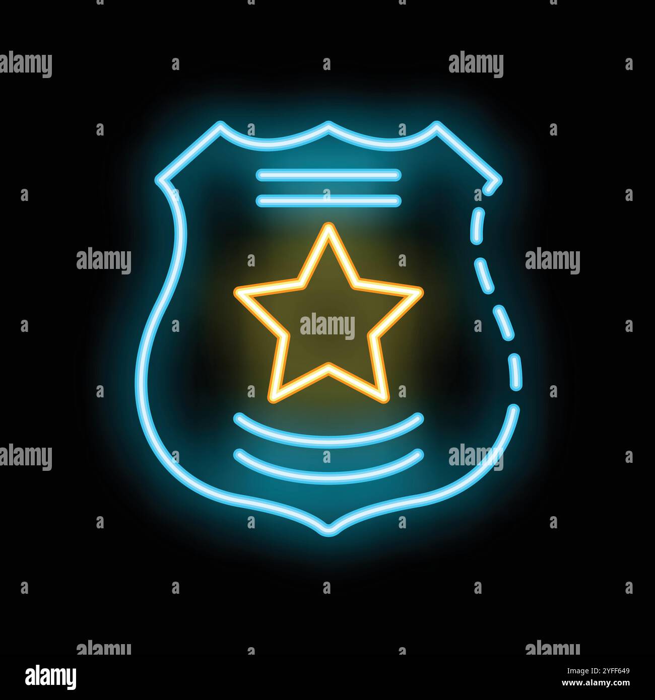 Glowing neon police badge with a bright yellow star is depicted against ...