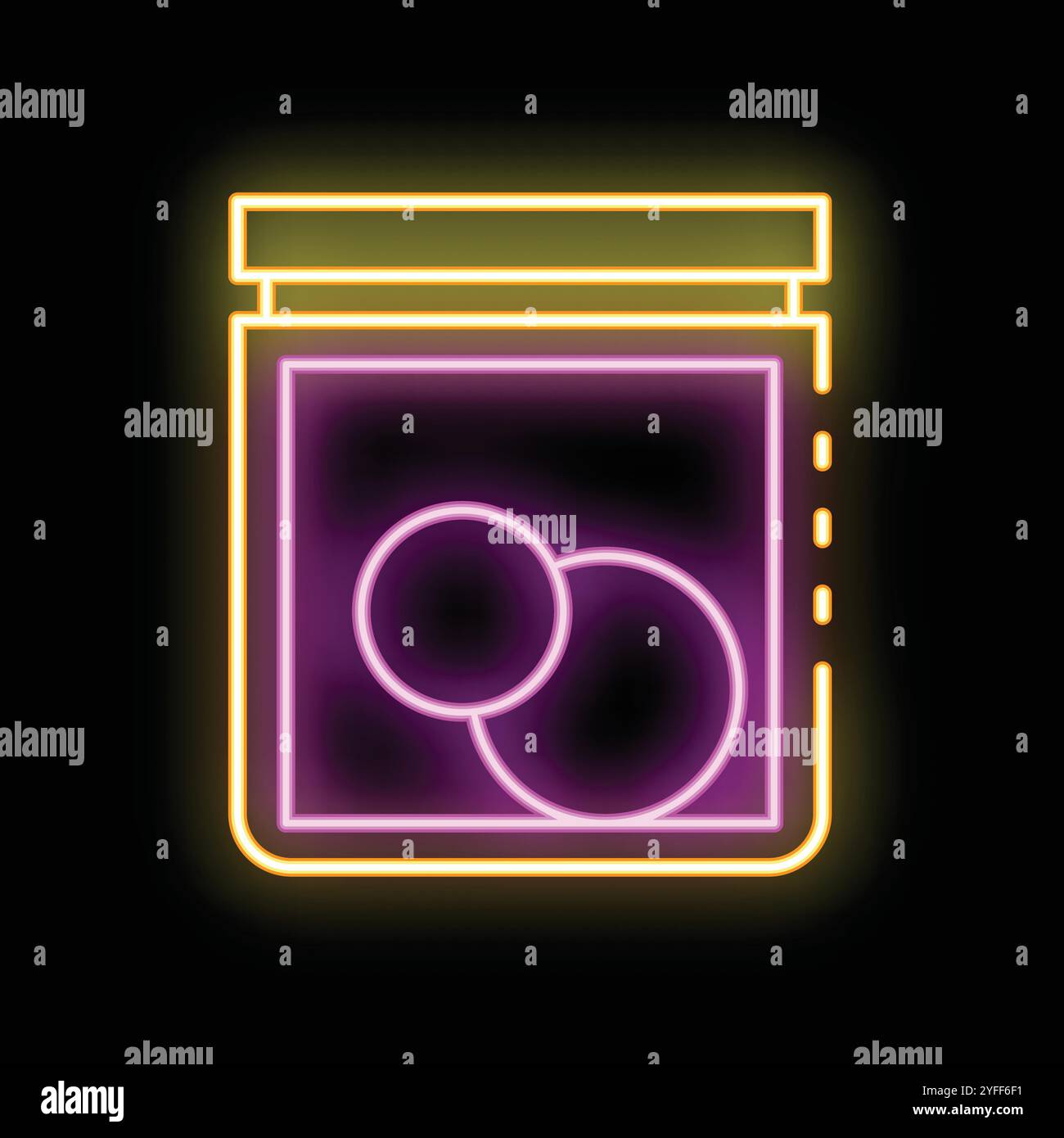 Glowing purple and yellow neon sign depicting a supplement jar with two ...