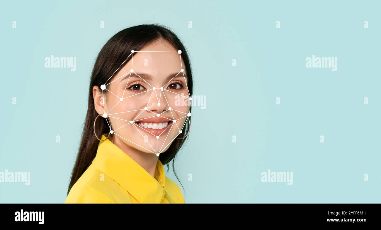 A woman smiles while a facial recognition technology overlay maps her ...