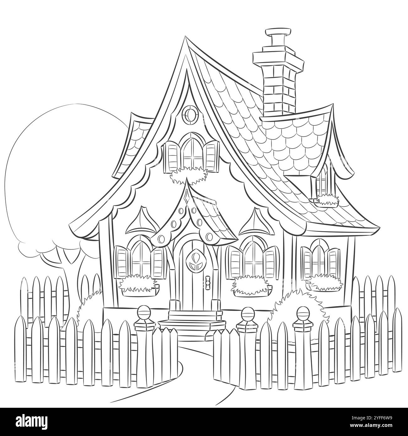 Fairytale house with tiled roof and fence around it, isolated on white ...
