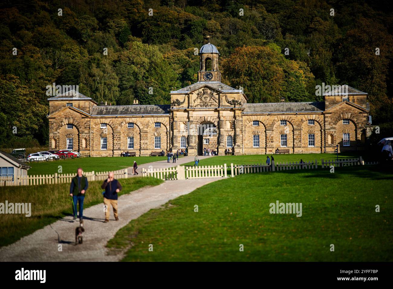 Close up detail of a coat of arms on stable block, Chatsworth House is ...