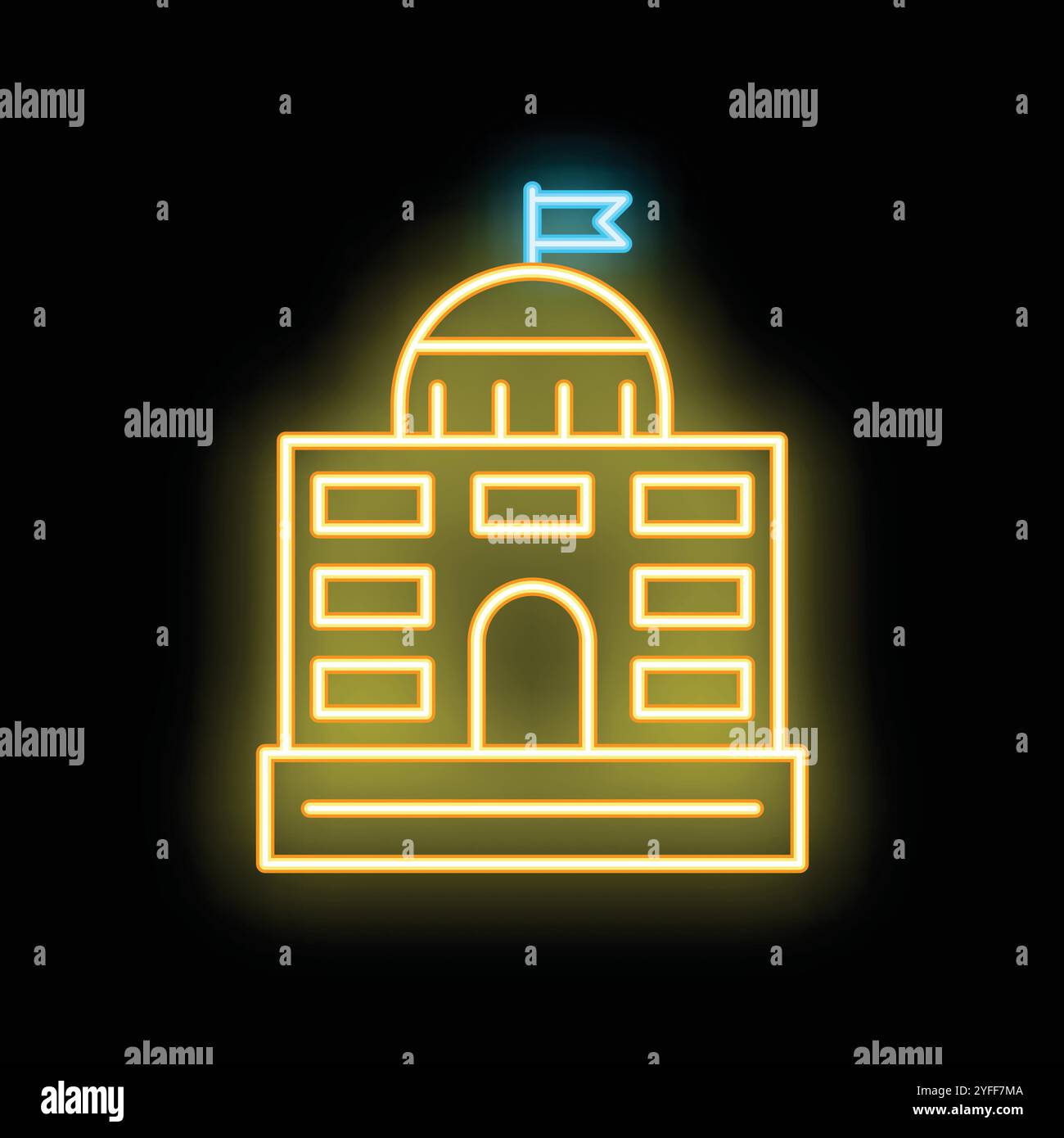 Neon sign depicting a government building with a flag on top, glowing ...