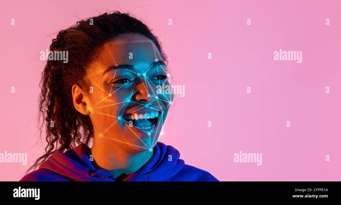 Happy woman displaying facial recognition technology in vibrant ...