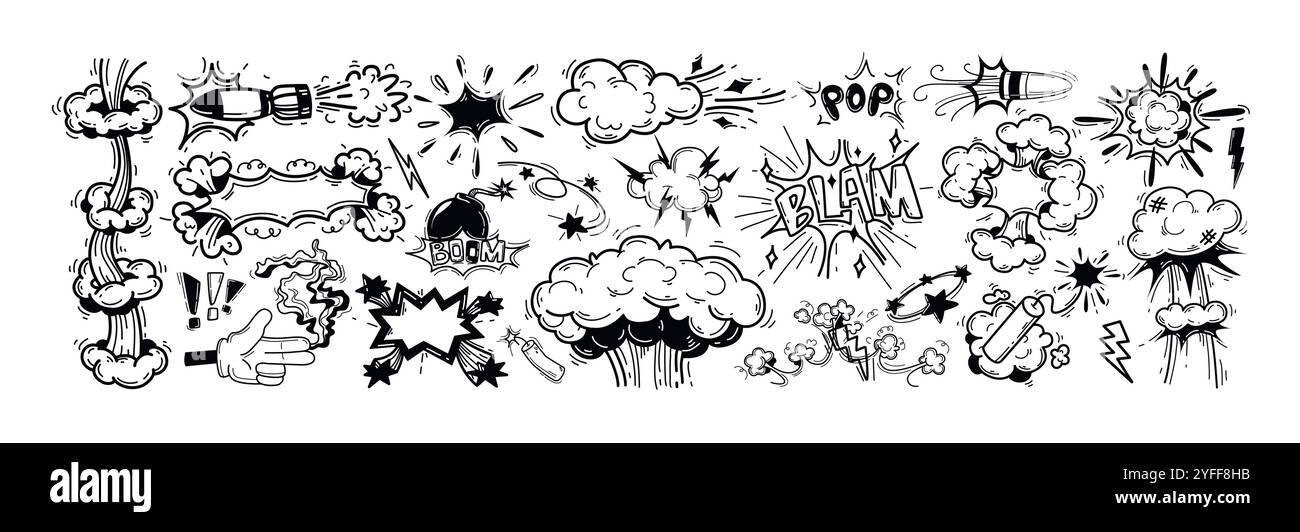 Doodle hand drawn explosions with boom crash smoke effect. Comic book ...