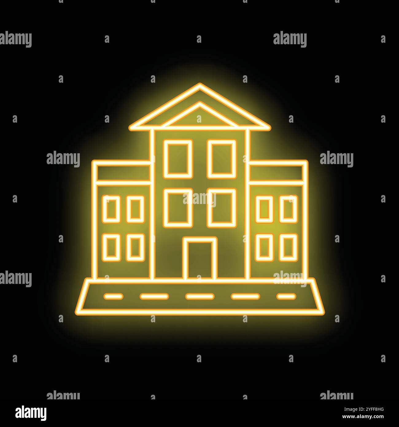Yellow neon sign showing generic multi storey building with road at ...