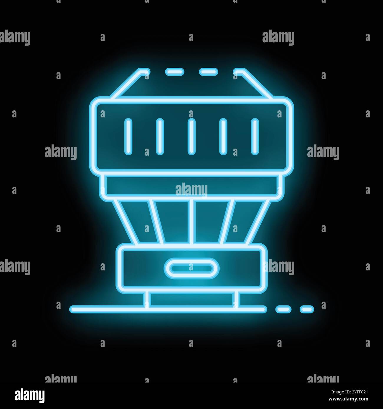 Bright blue neon icon of a camera lens, glowing against a dark ...