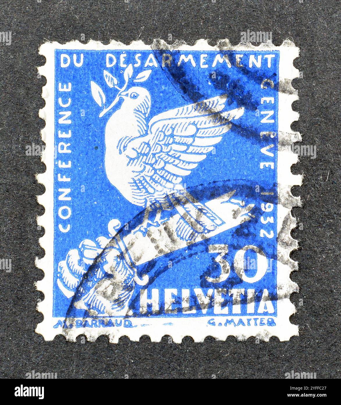 Postage stamp printed by Switzerland, that shows Peace Dove on a Broken ...