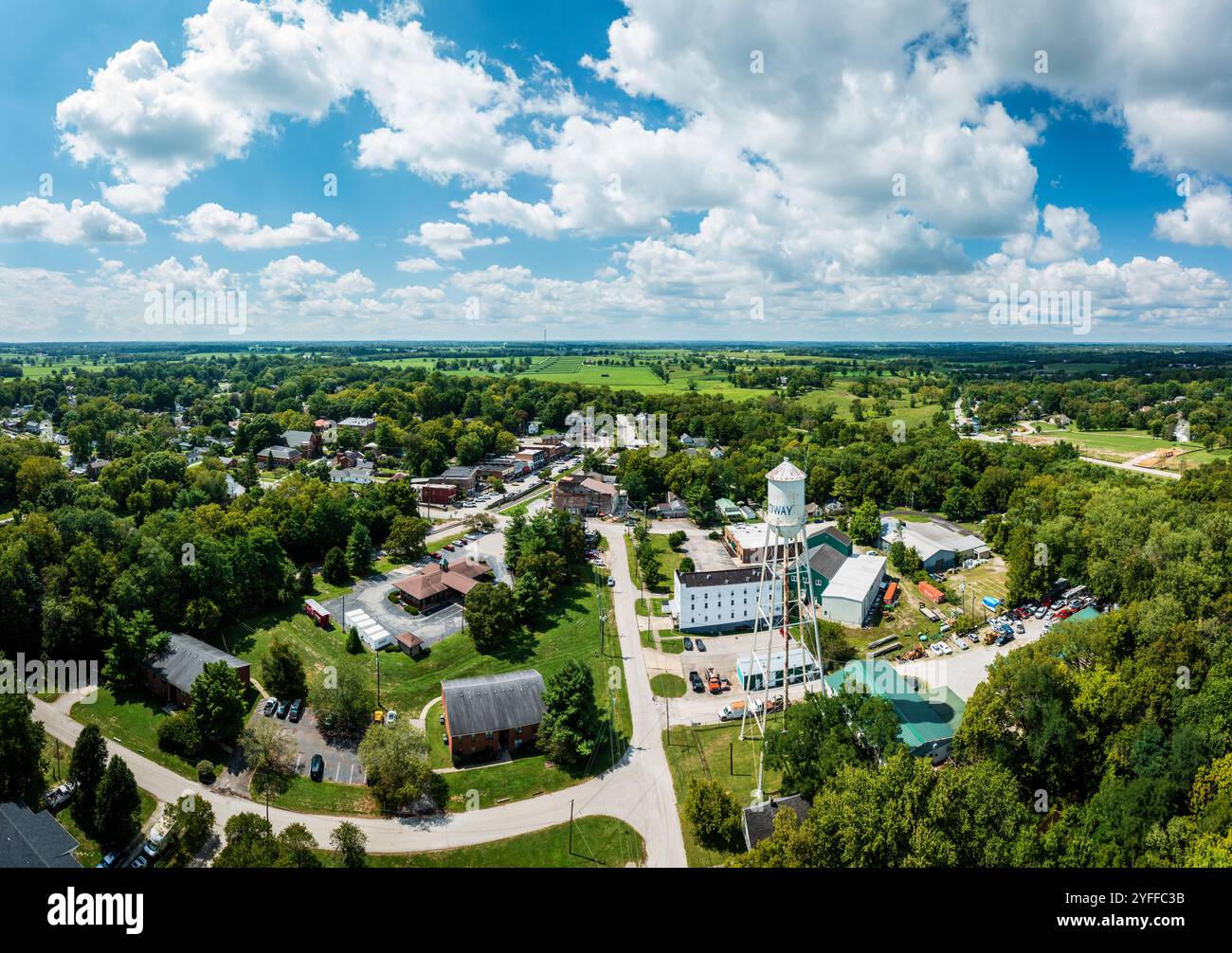 Scenic aerial view of Midway, Kentucky and surroundings on a bright ...