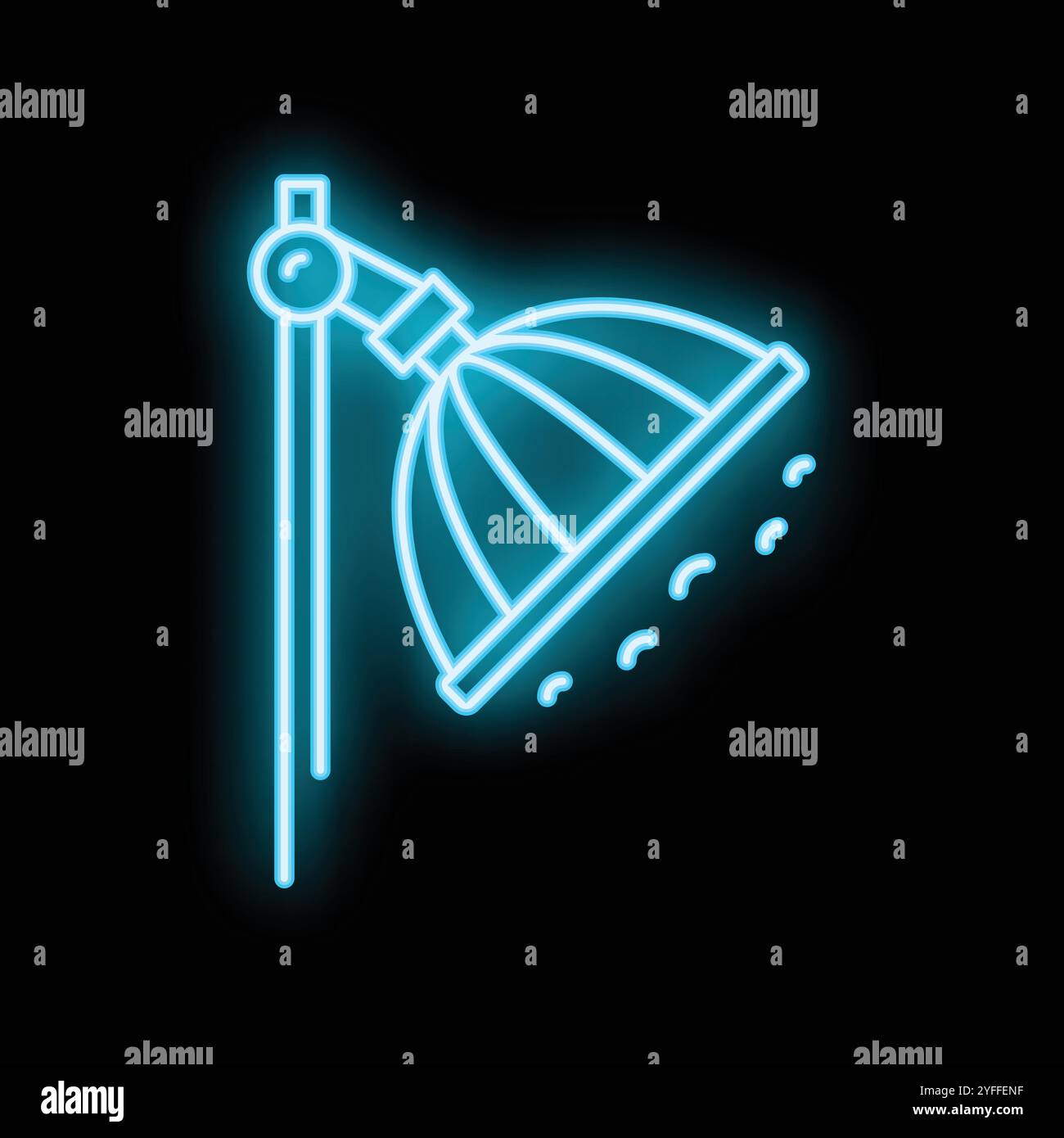 Bright blue neon sign depicting a round shower head, mounted on a ...
