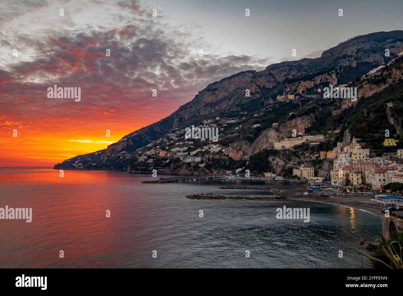 Amalfi, Italy on the Mediterranean coast just after a beautiful sunset ...