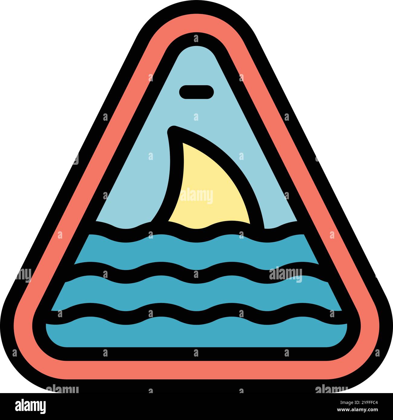 Shark fin protruding from the water is depicted on a triangular warning sign, indicating ...