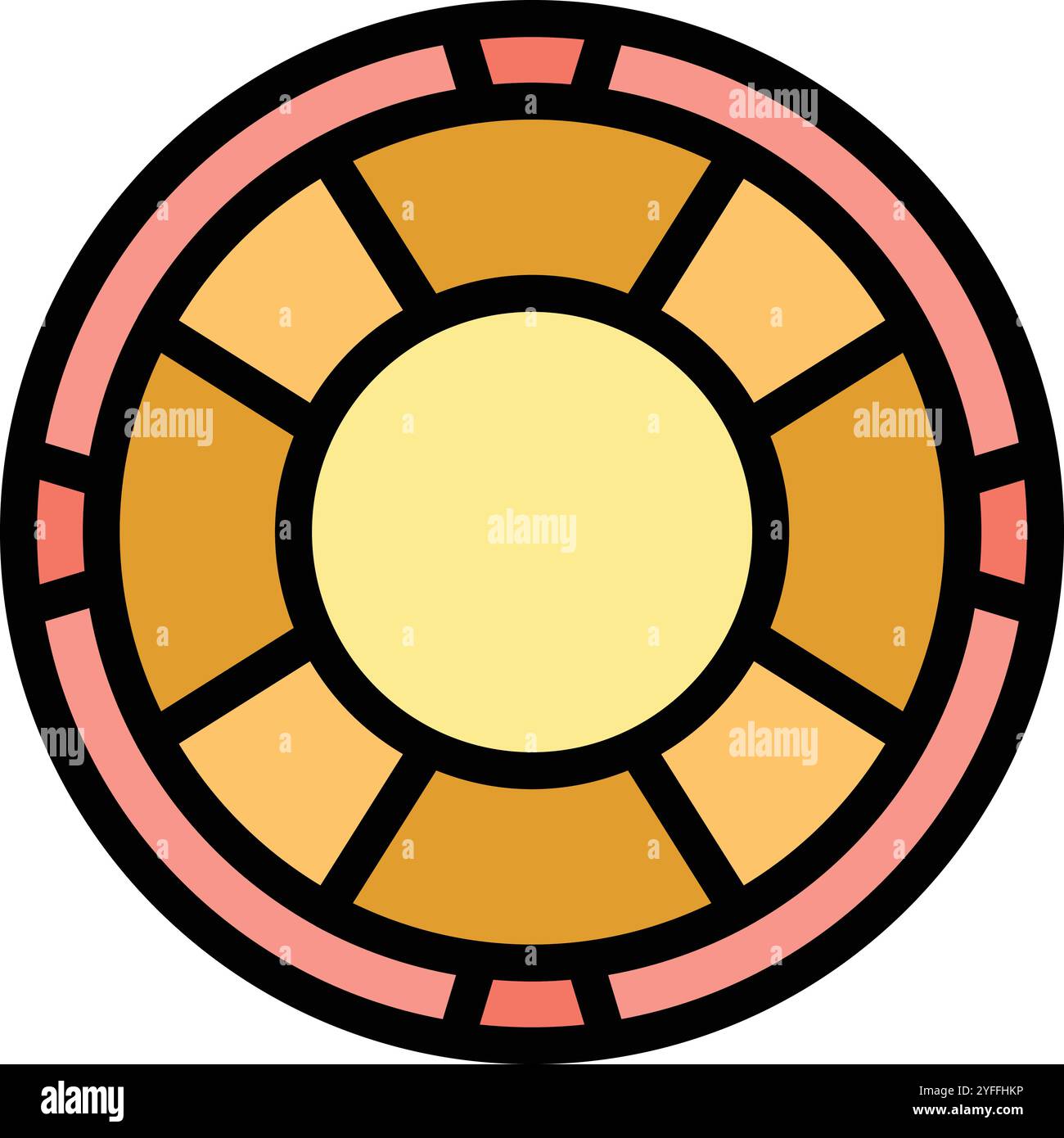 Colorful round stained glass window representing a shining sun, a ...