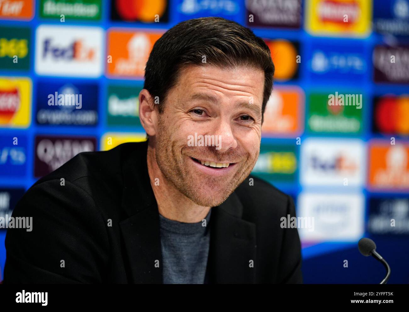 Bayer Leverkusen manager Xabi Alonso during a press conference at ...