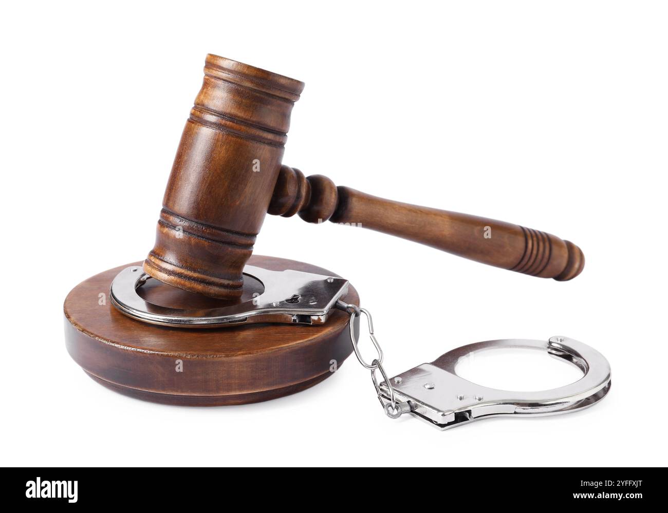 Handcuffs and judge's gavel isolated on white Stock Photo - Alamy