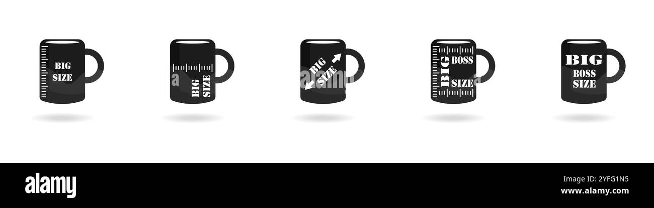 Boss cup icon. Big cup size matters. Set of icons of cups with ...