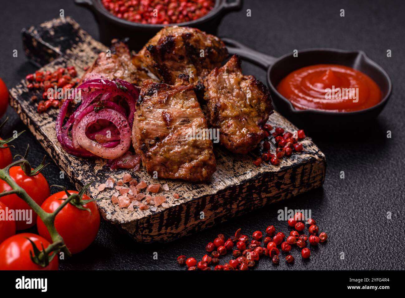 Pieces of beef meat cut into slices, marinated with salt, spices and ...