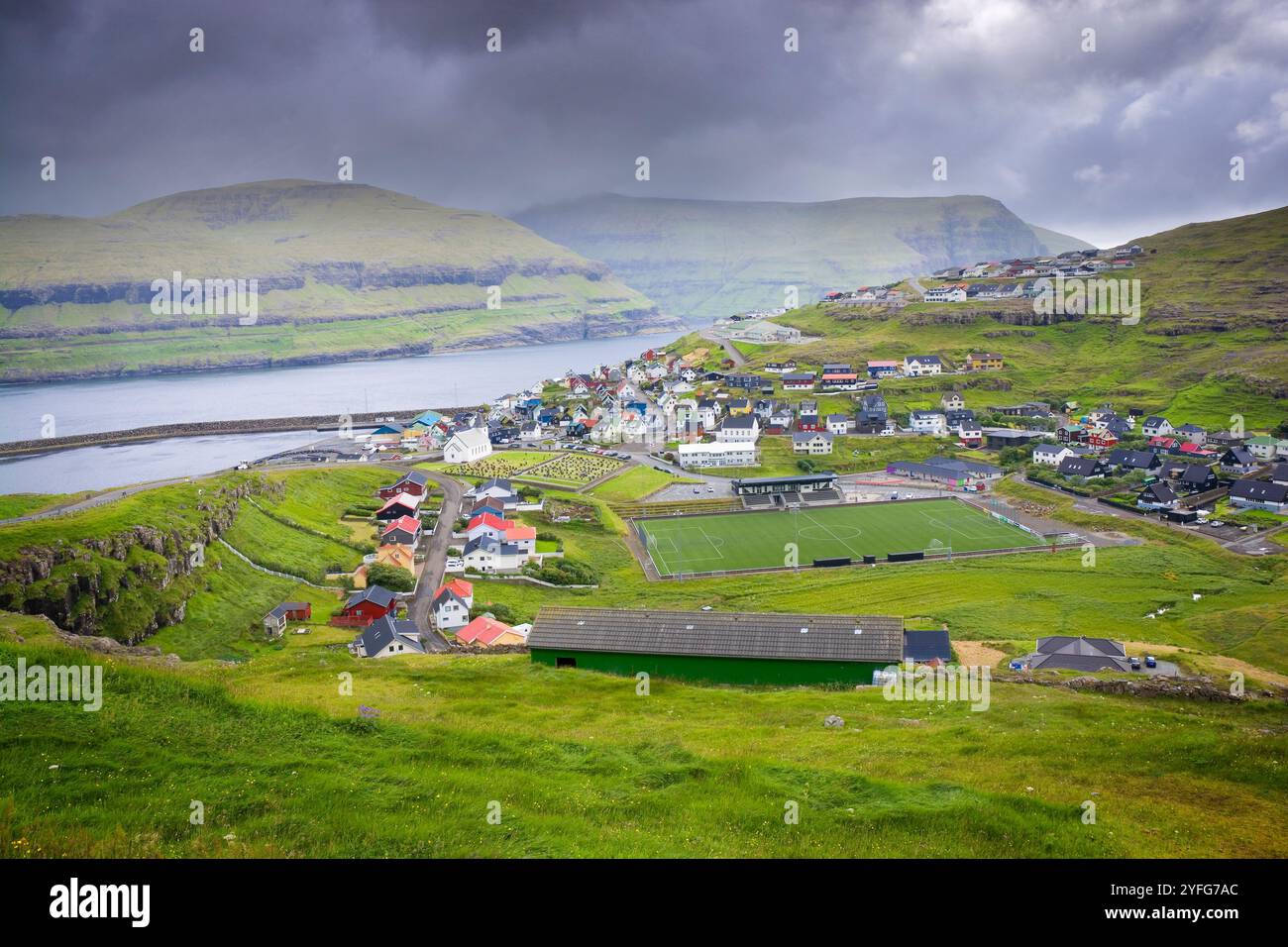 Panorama of Eiði village located on the north-west tip of Eysturoy in ...