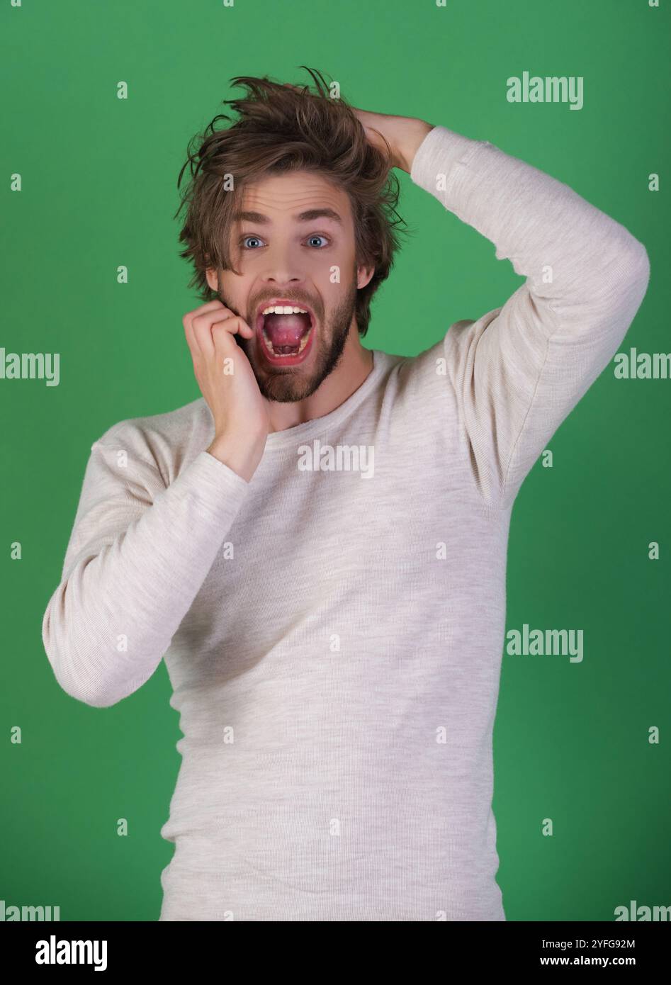 Good morning. Funny crazy Man awake in morning. Portrait of man with ...