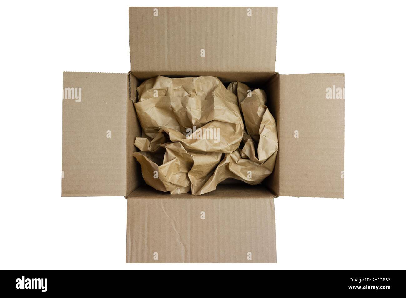 An open cardboard box filled with crumpled brown packing paper ...