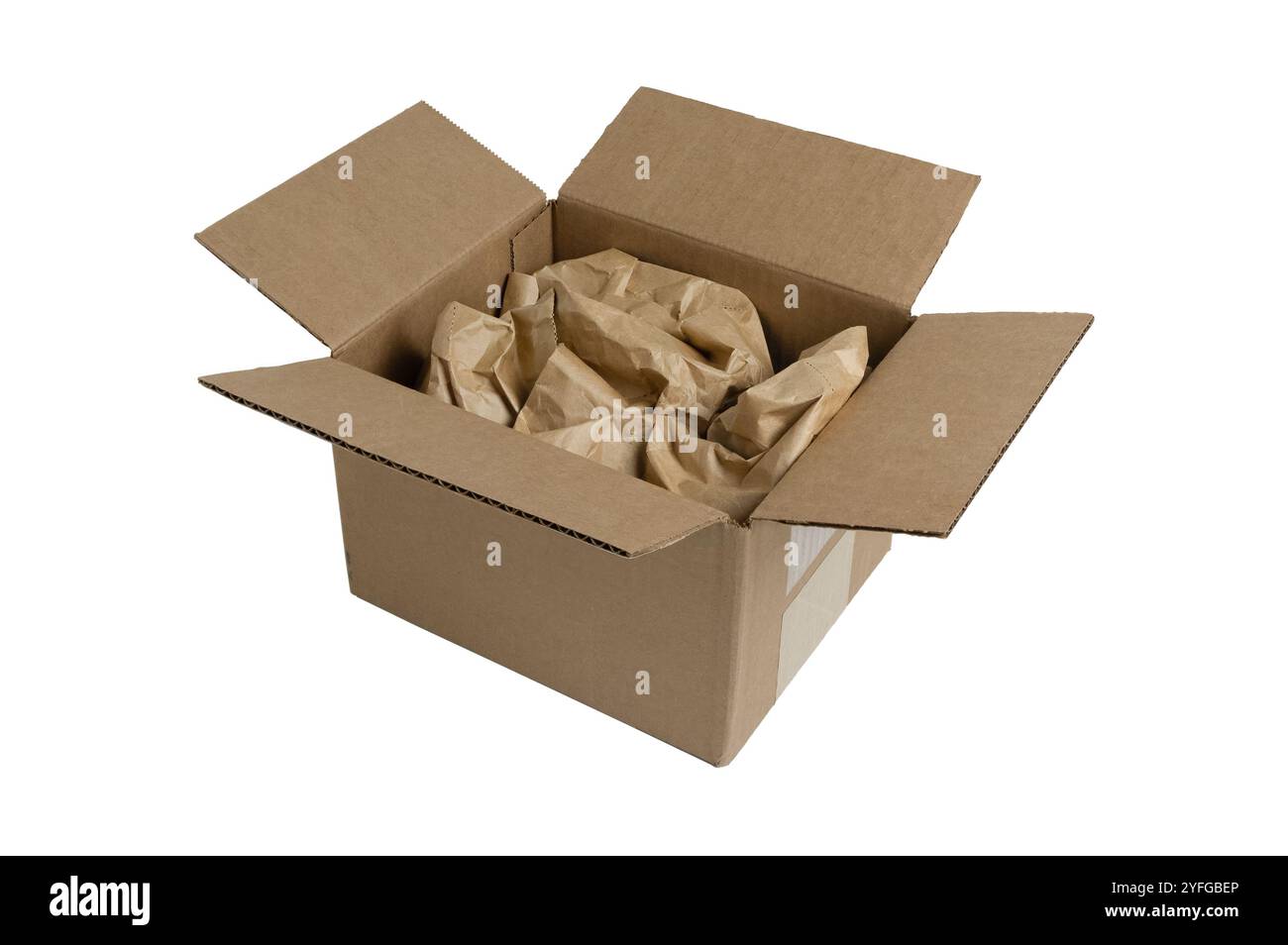 An open cardboard box filled with crumpled brown packing paper ...