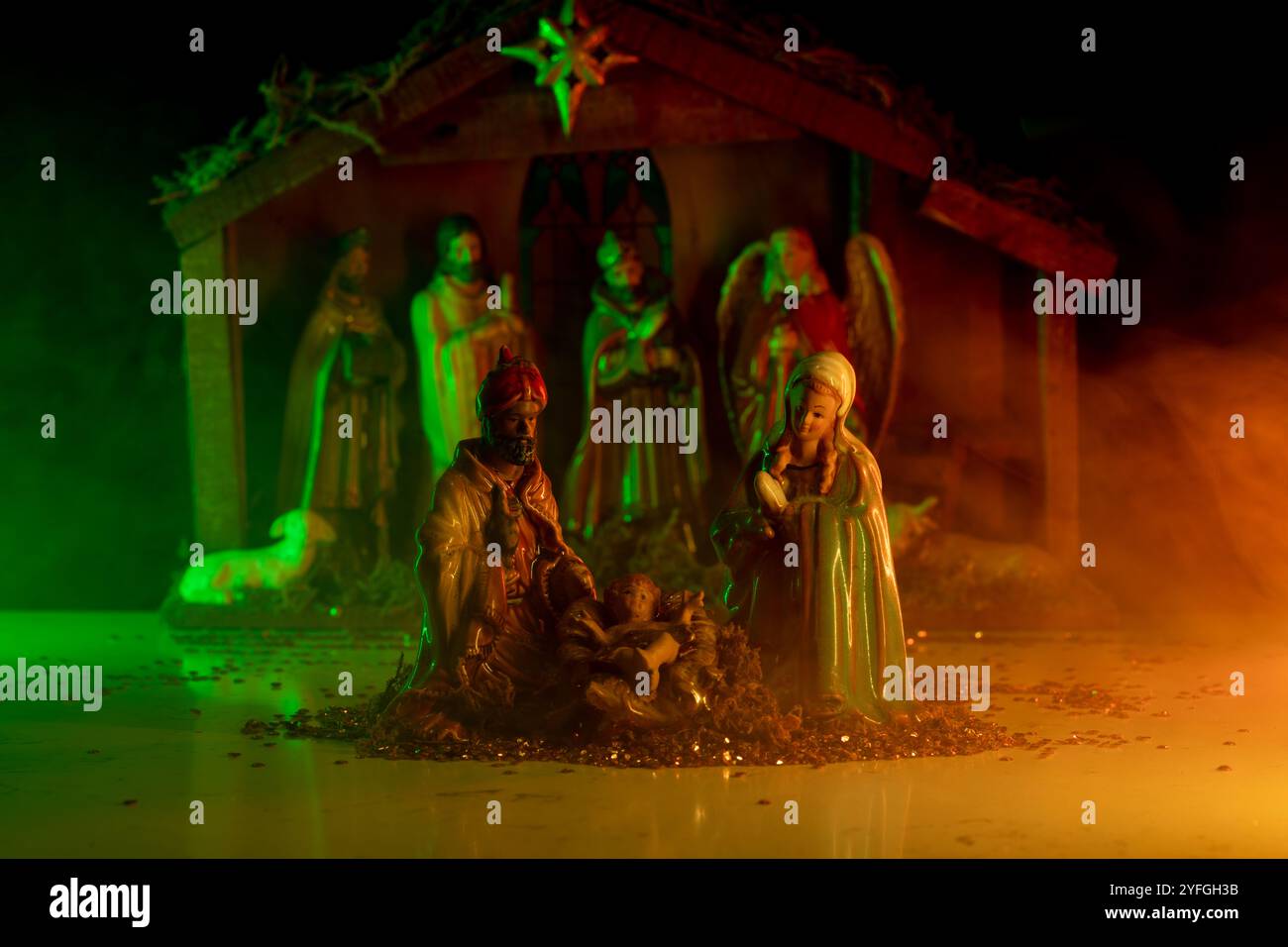 Bethlehem. Christmas Manger scene with figures of Jesus, Mary, Joseph ...