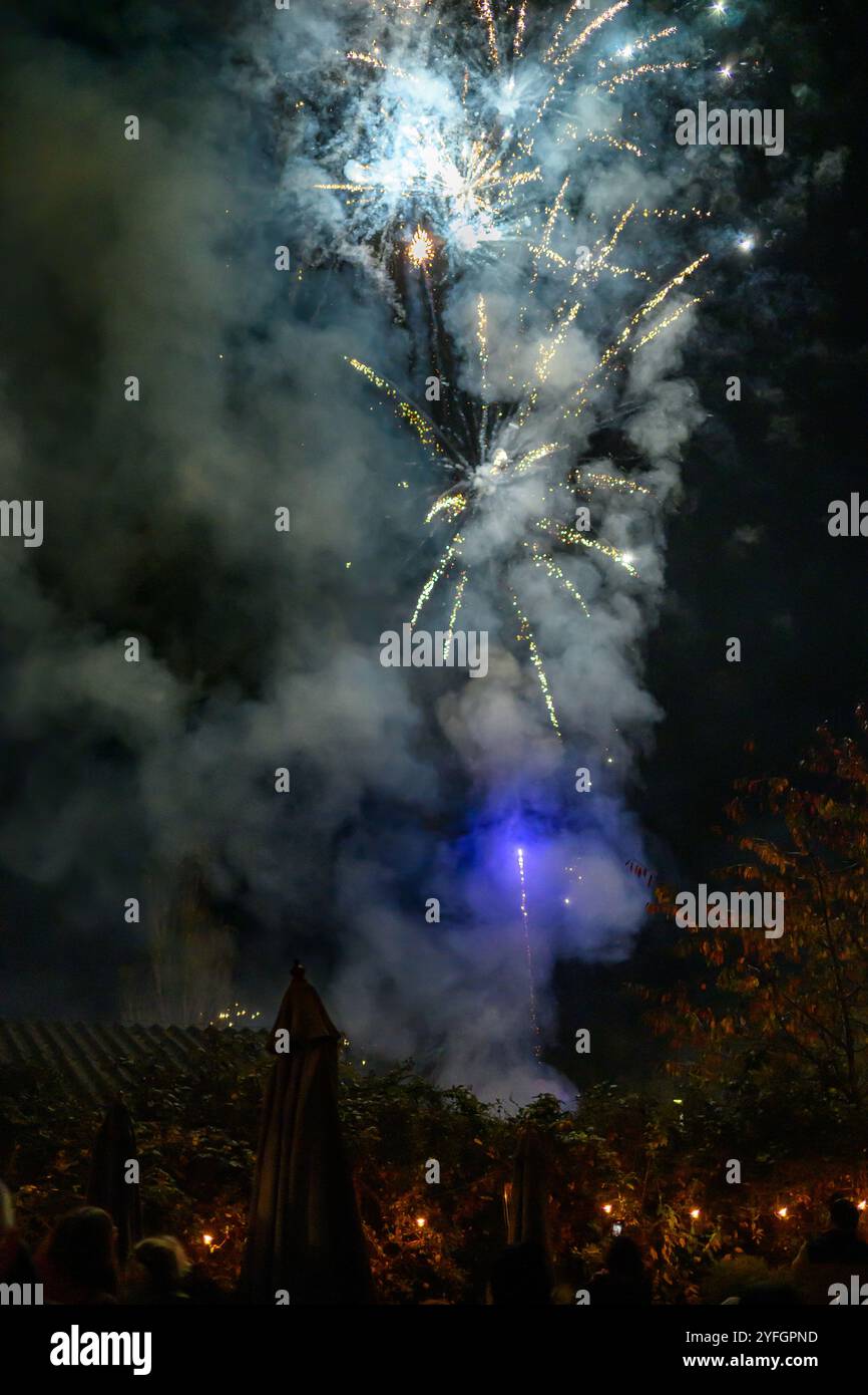 Families gather to watch a fireworks display in a pub beer garden to ...