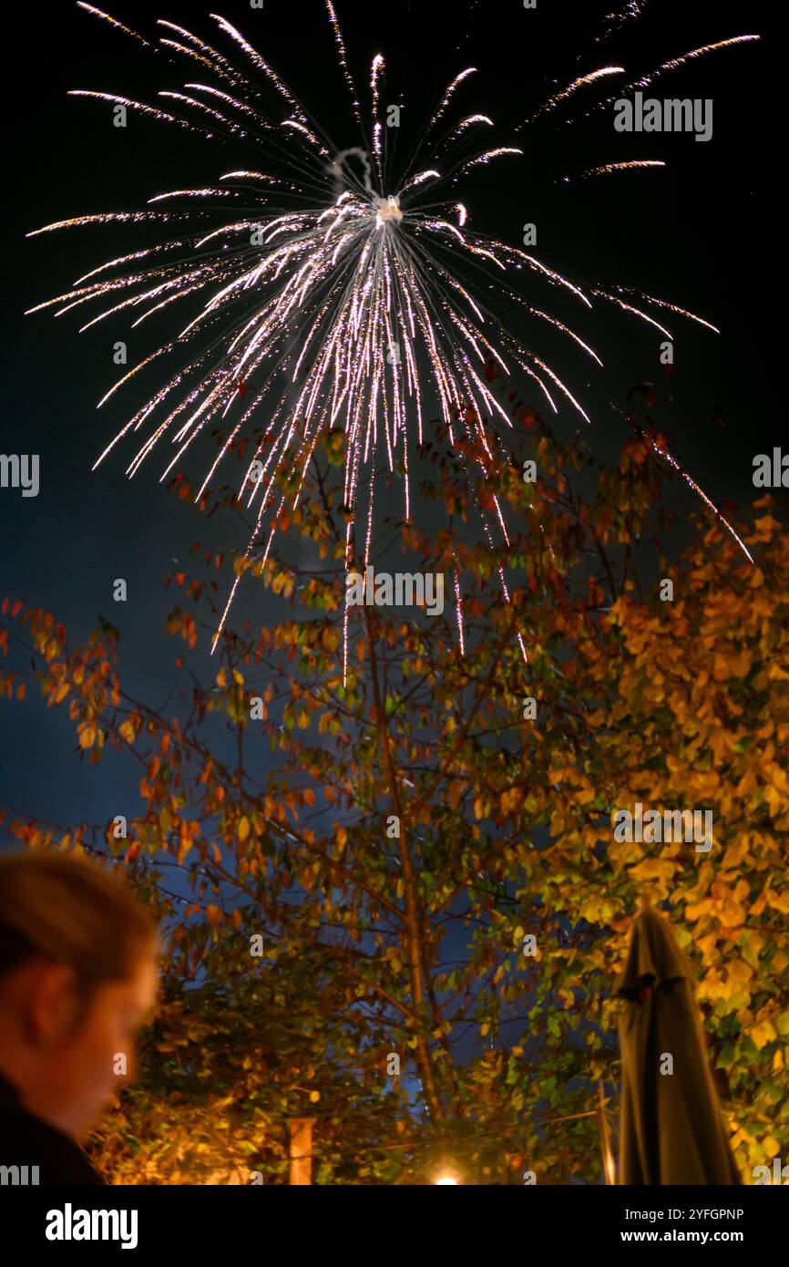 Families gather to watch a fireworks display in a pub beer garden to ...