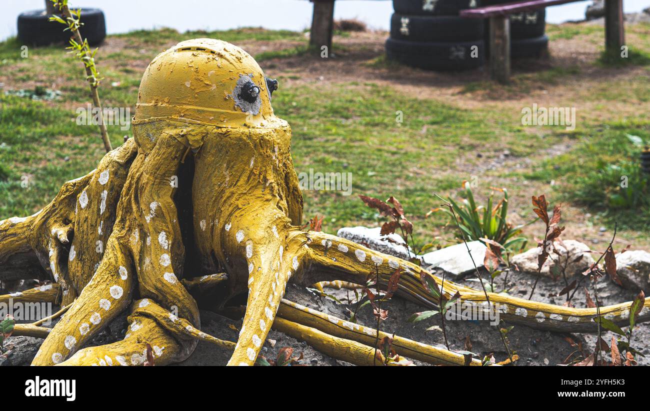 Old soviet decorations made of old tires octopus yellow handmade craft ...