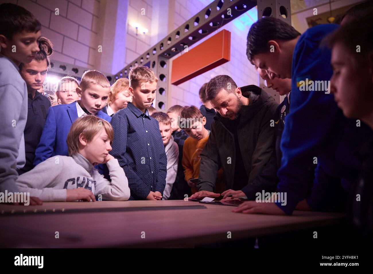 Kiev, Ukraine. 04th Nov, 2024. Ukrainian President Volodymyr Zelenskyy, tours the Iron Lab ...
