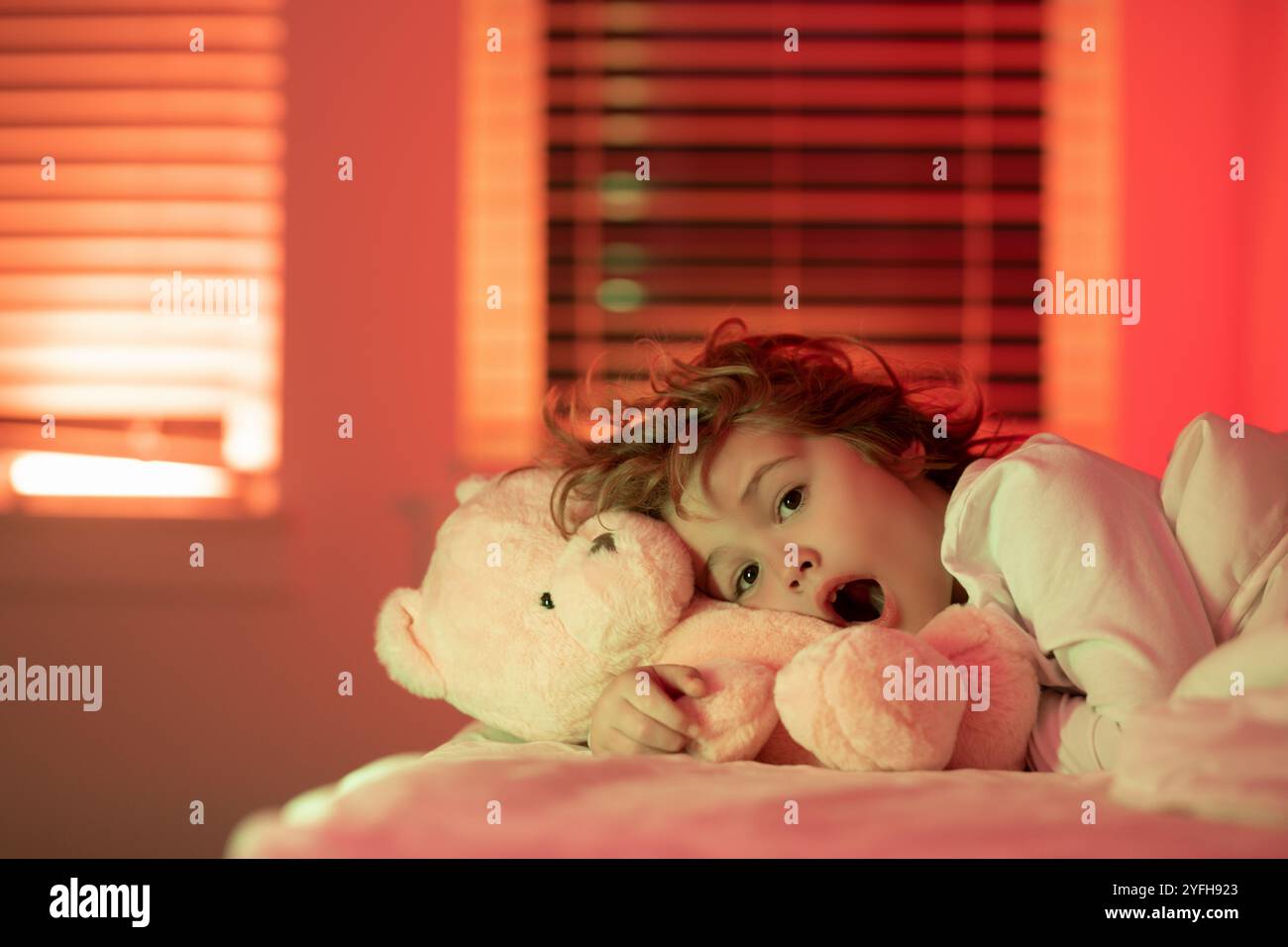 Scared boy in bed. Nightmare for children. Portrait of little child ...