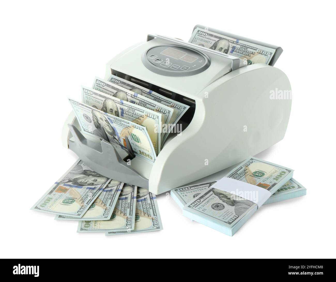 Money counter machine and dollar banknotes isolated on white Stock ...