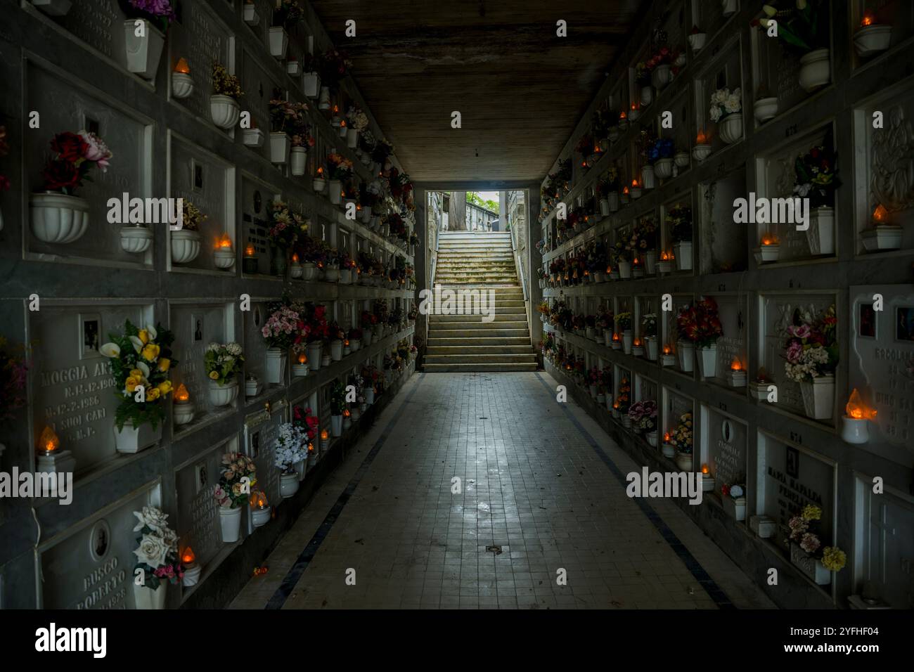 Cemetery scene with sepulchers (tombs) at the cemetery next to the ...