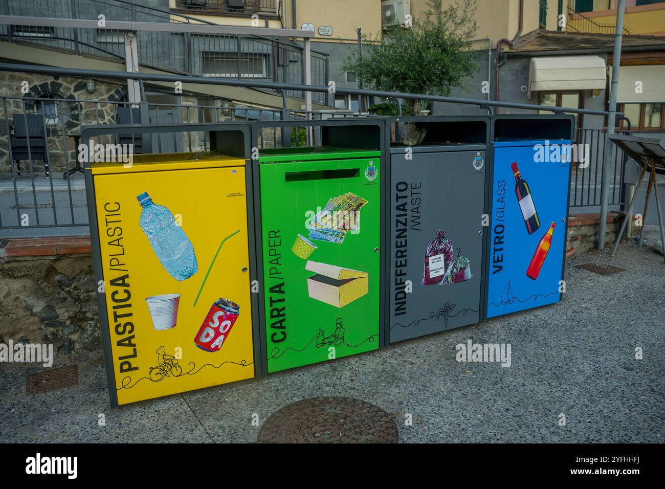 Recycling bins in the village of Monterosso al Mare, Cinque Terre ...
