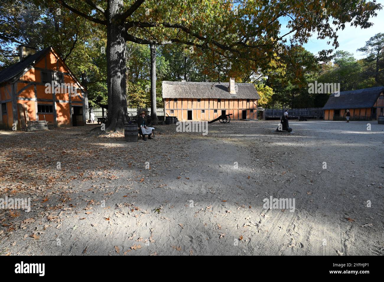 Inner courtyard of a replica of Jamestown the first white settlement in ...
