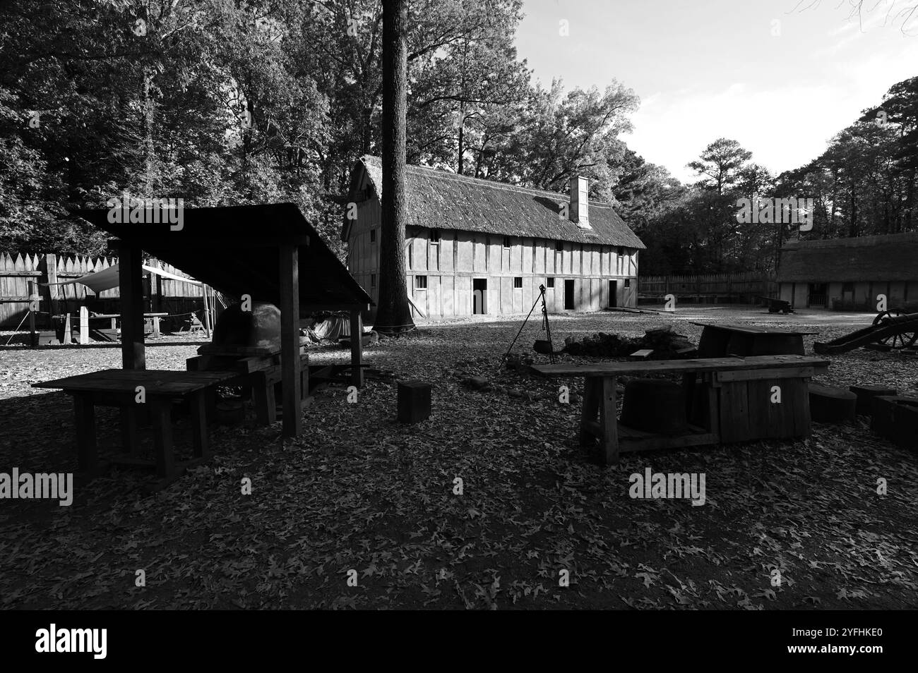 Inner courtyard of a replica of Jamestown the first white settlement in ...