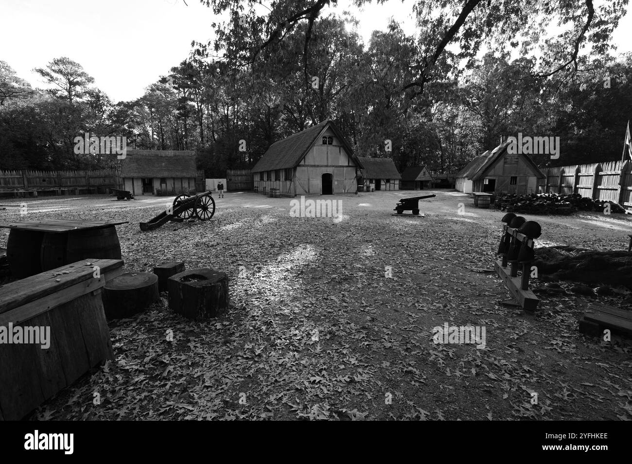 Inner courtyard of a replica of Jamestown the first white settlement in ...