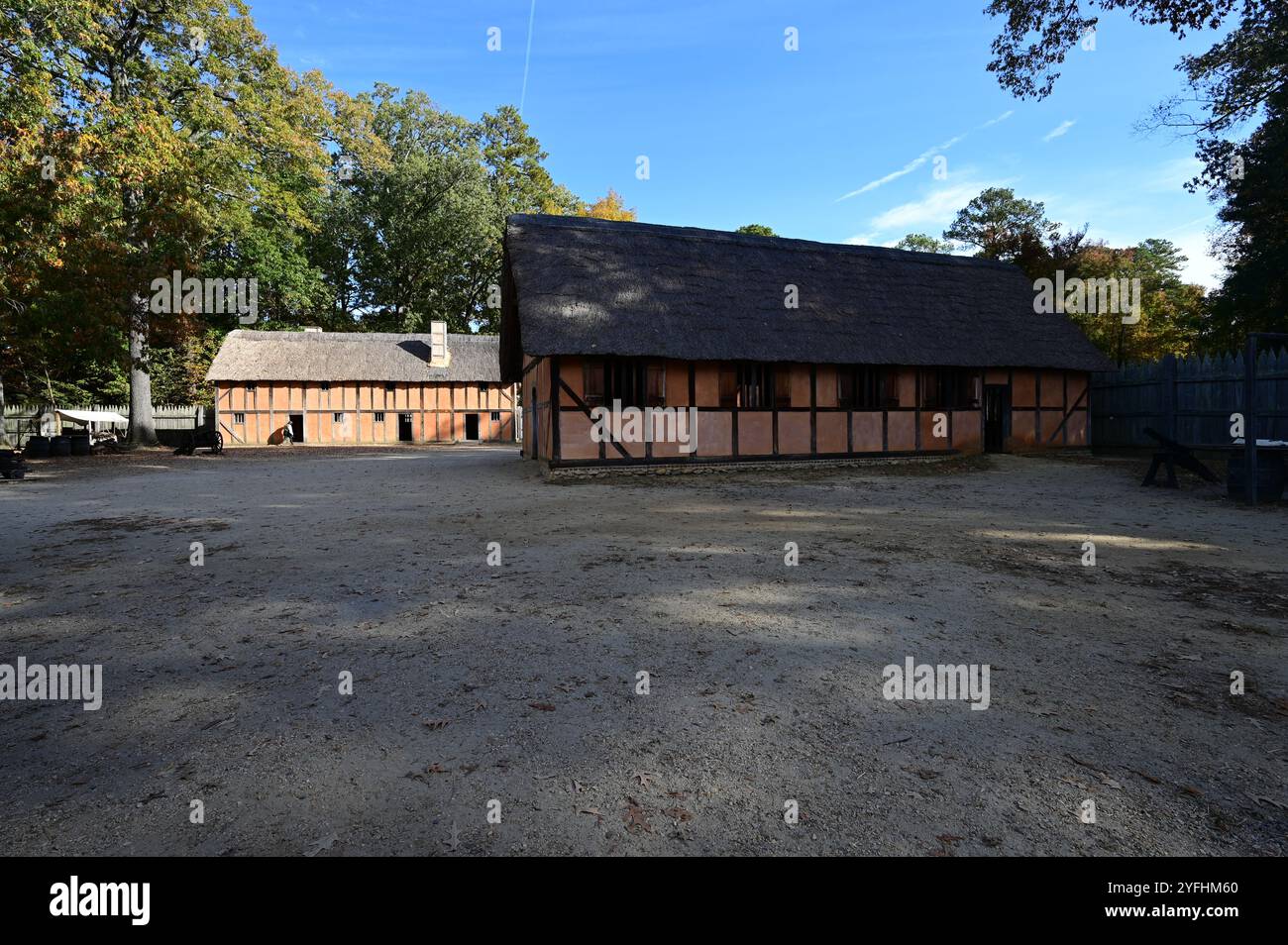 Inner courtyard of a replica of Jamestown the first white settlement in ...